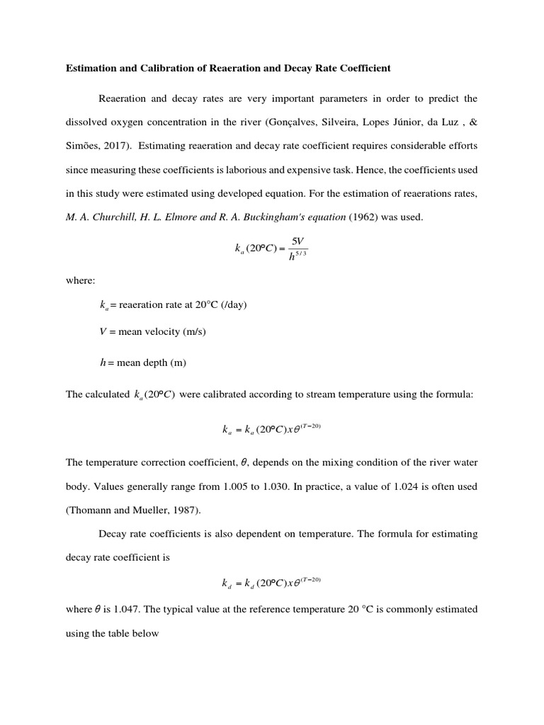 Estimation and Calibration of Reaeration and Decay Rate Coefficient | PDF