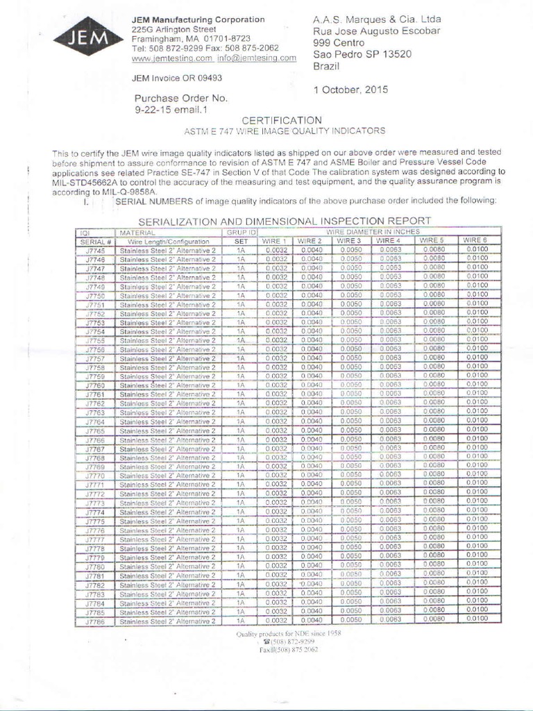 Certificado Iqi Astm 1b Jem | PDF