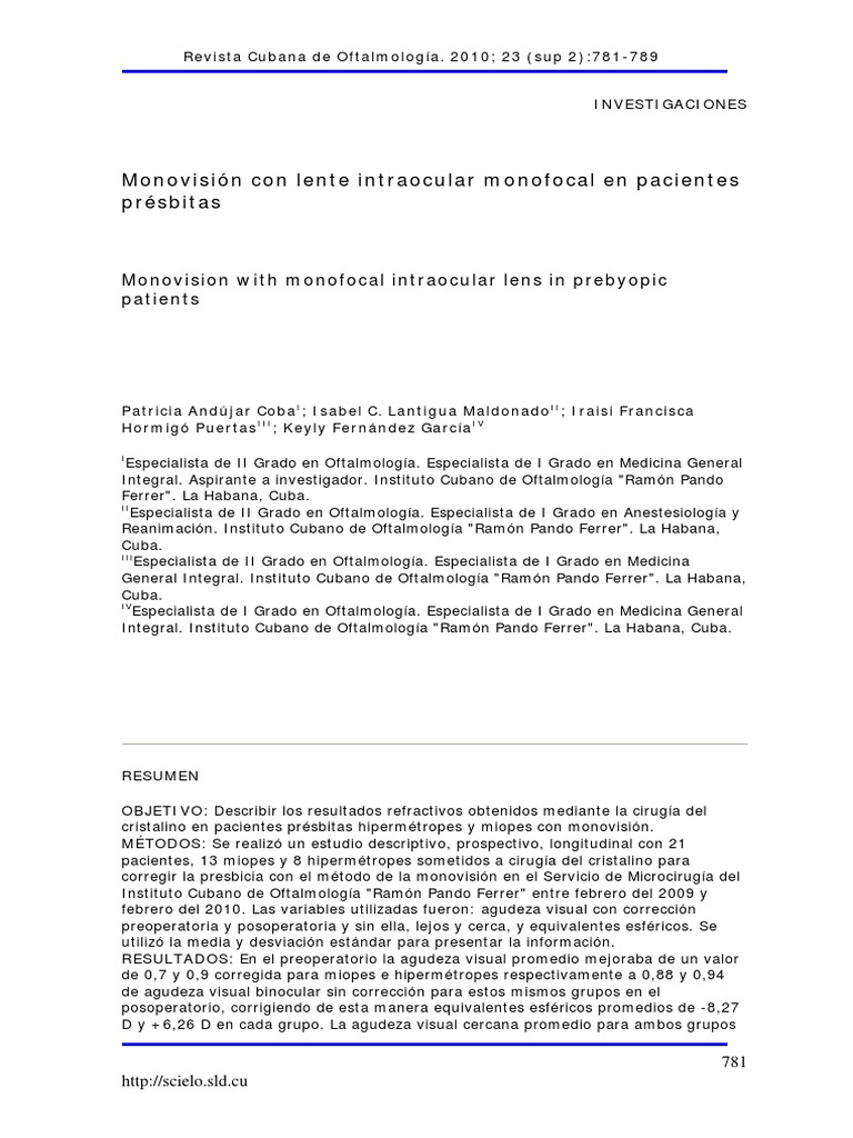 Monovisión Con Lente Intraocular Monofocal en Pacientes Présbitas | PDF ...