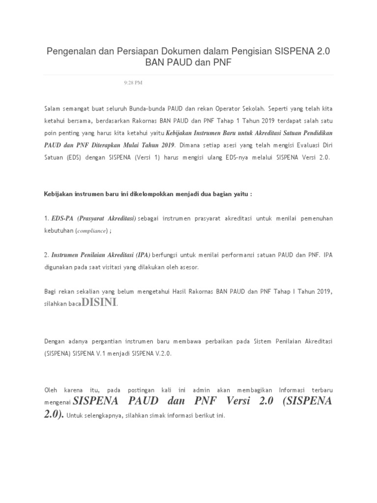 Pengenalan Dan Persiapan Dokumen Dalam Pengisian SISPENA 2 | PDF