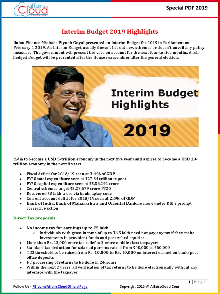 Interim Budget 2019 Key Highlights | PDF | Government Of India | Taxes