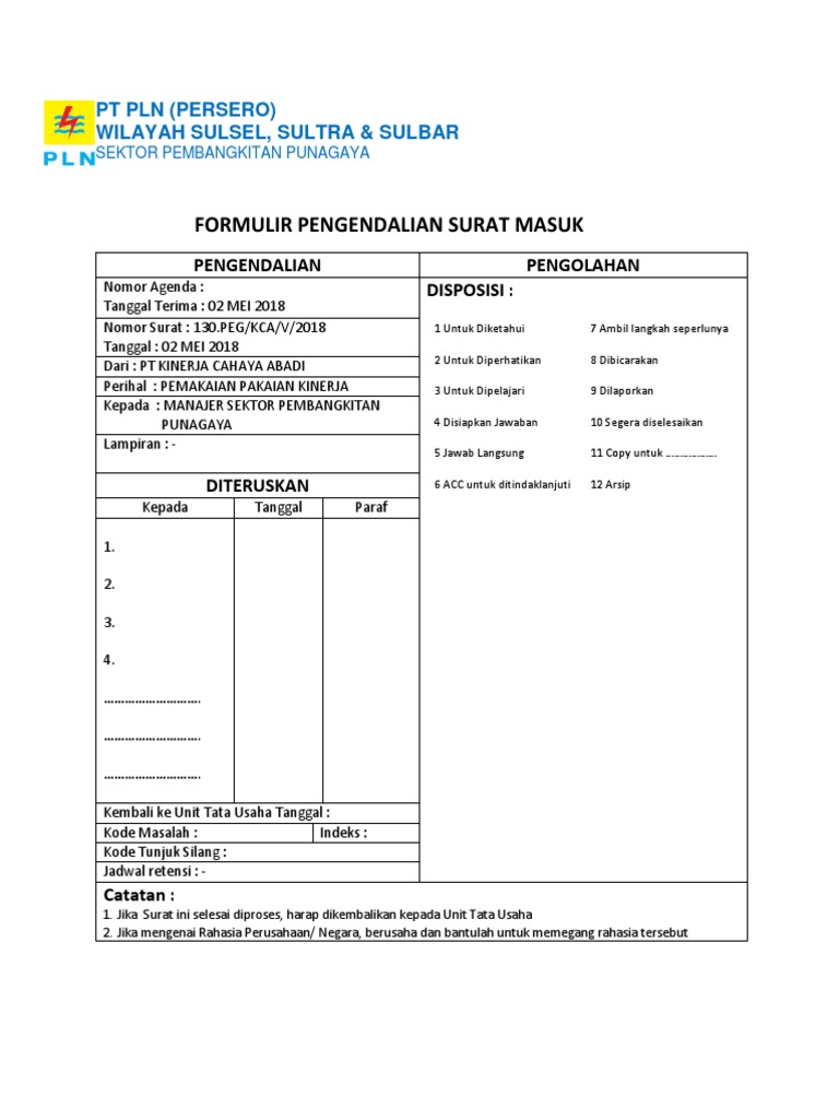 Formulir Pengendalian Surat Masuk: PT PLN (Persero) Wilayah Sulsel ...