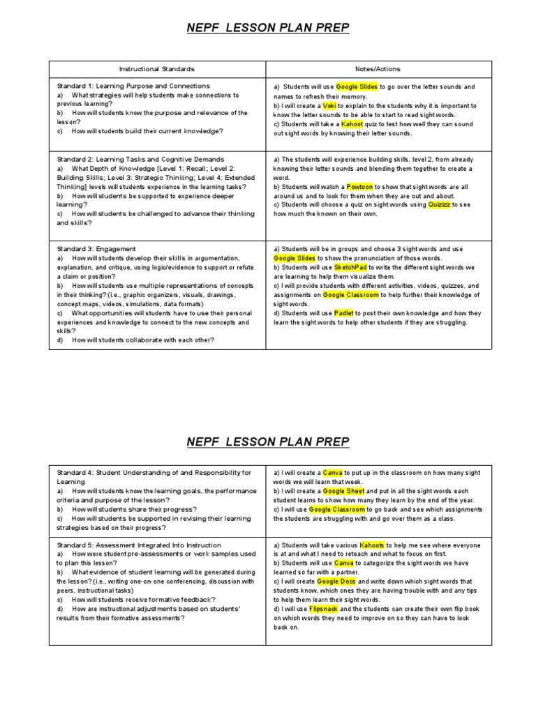 Nepf Lesson Plan Prep | PDF | Lesson Plan | Learning