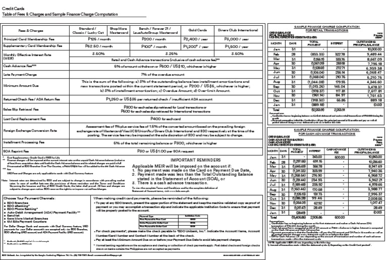 Credit Cards Table of Fees & Charges and Sample Finance Charge ...
