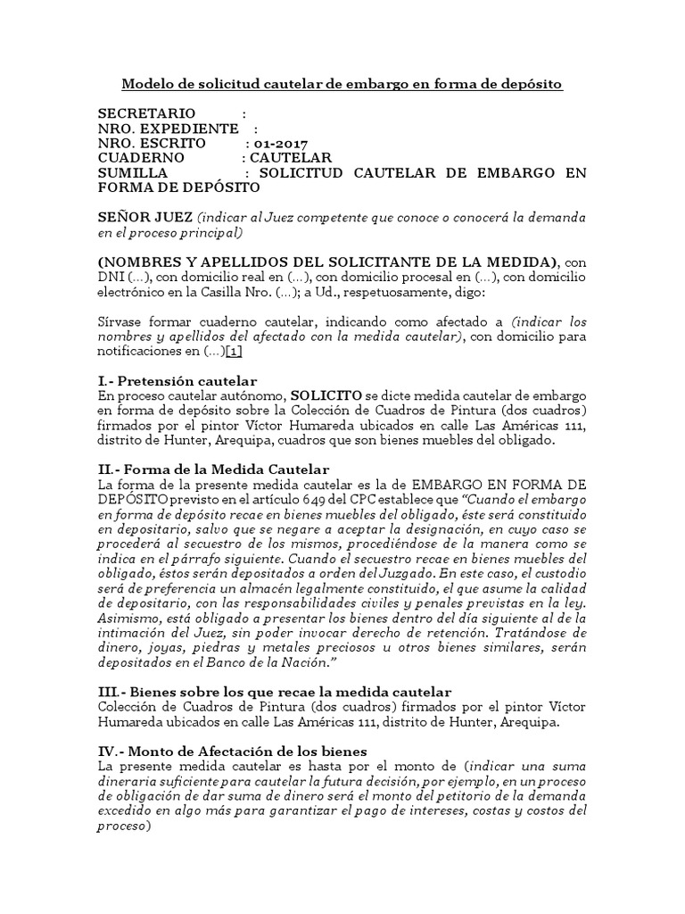 Modelo de solicitud cautelar de embargo en forma de depósito.docx ...