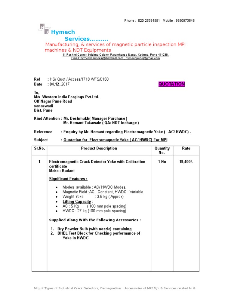 Quotation for Electromagnetic Yoke (AC/HWDC) For MPI - Technical ...