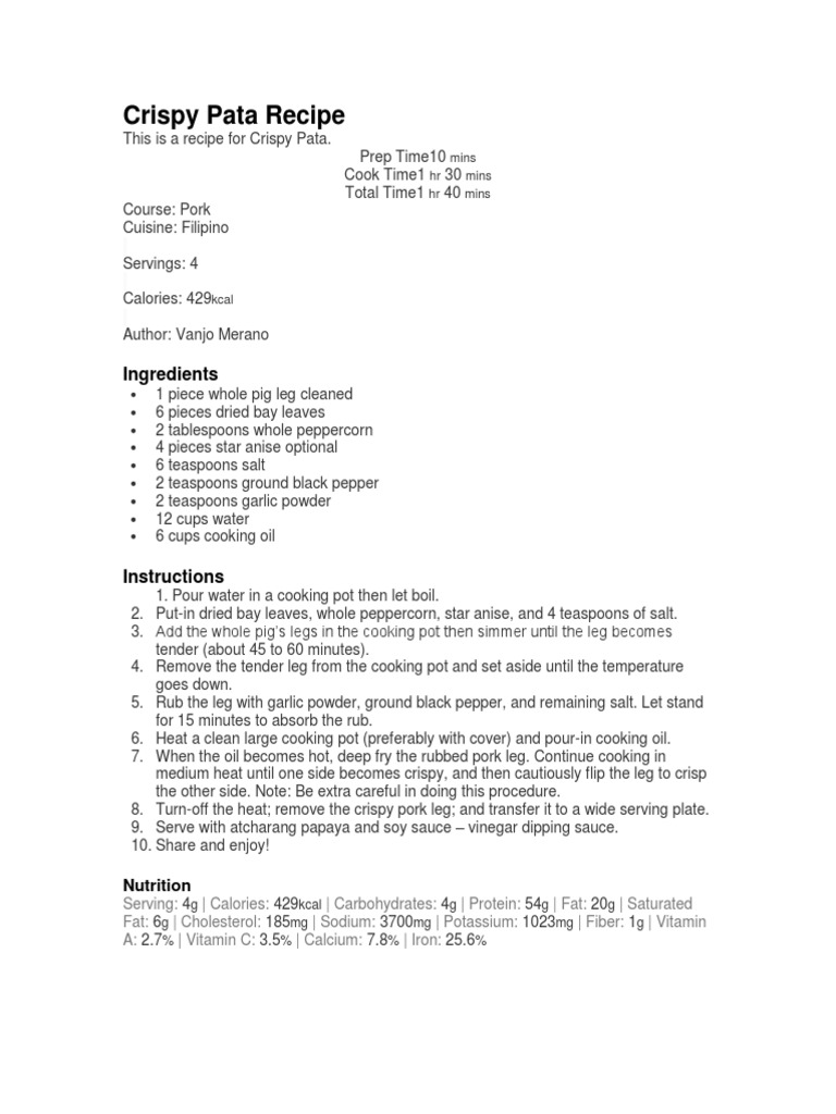 Crispy Pata Recipe: Ingredients | PDF