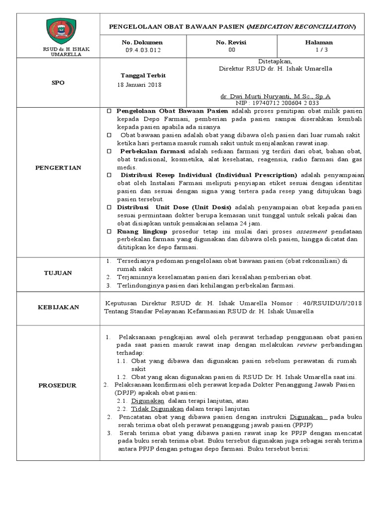 PKPO 3.3.4 SPO Pengelolaan Obat Bawaan Pasien F4 | PDF | Sains & Matematika