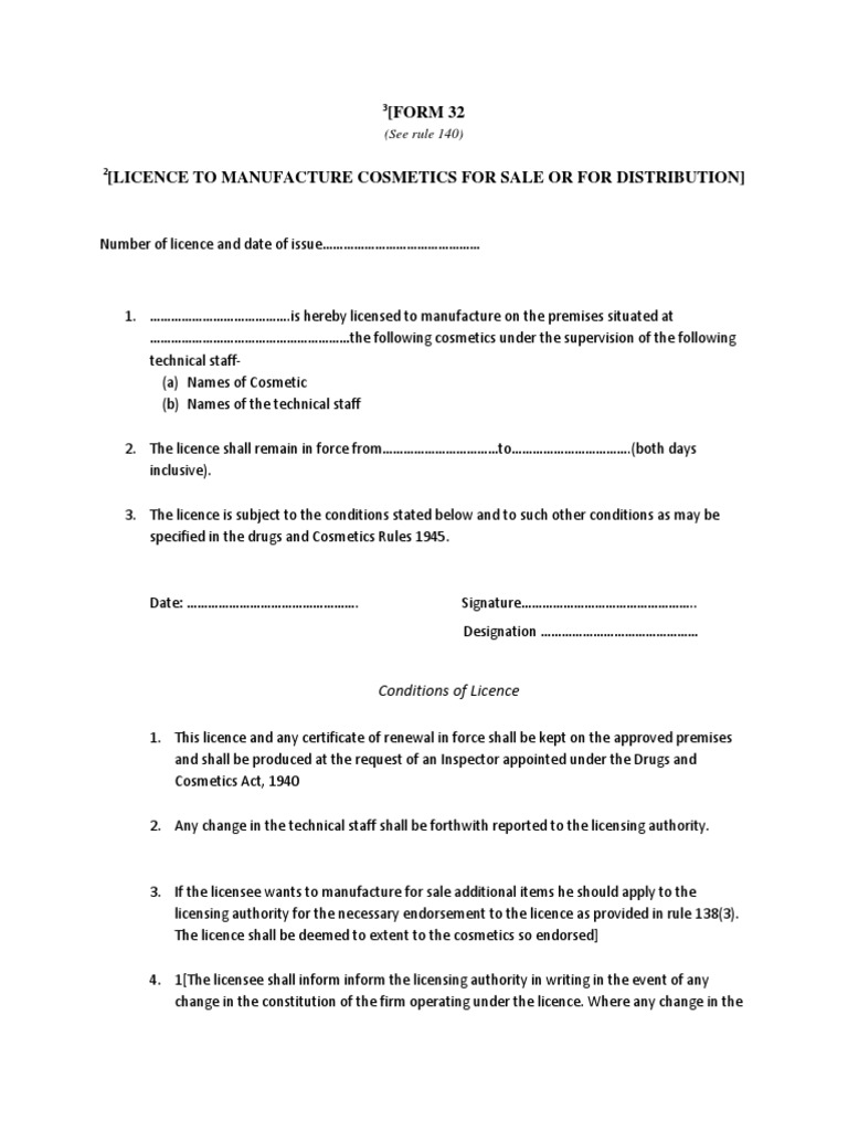 Cosmetic Manufacturing License Form 32 | PDF