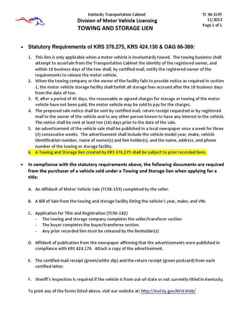 Towing and Storage Lien: Statutory Requirements of KRS 376.275, KRS 424 ...
