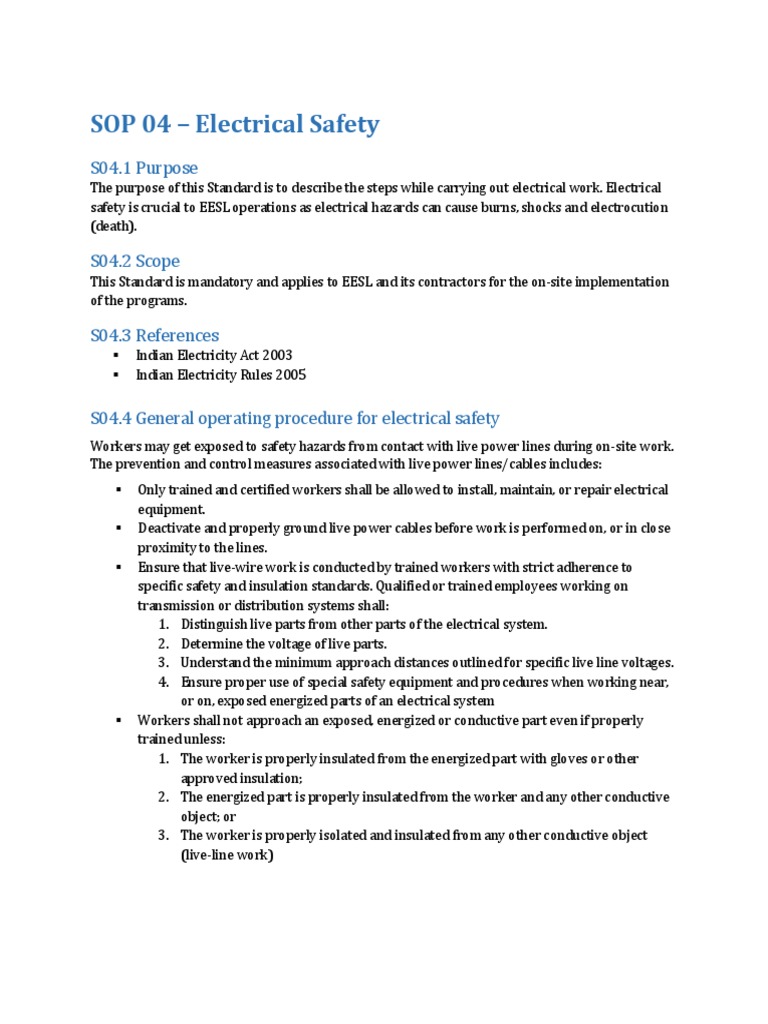 SOP 04 - Electrical Safety: S04.1 Purpose | PDF | Insulator ...