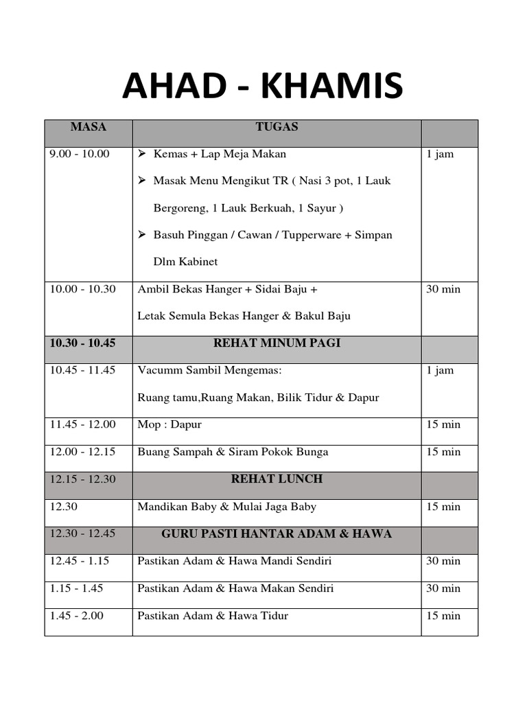 Jadual Kerja Pembantu Rumah | PDF
