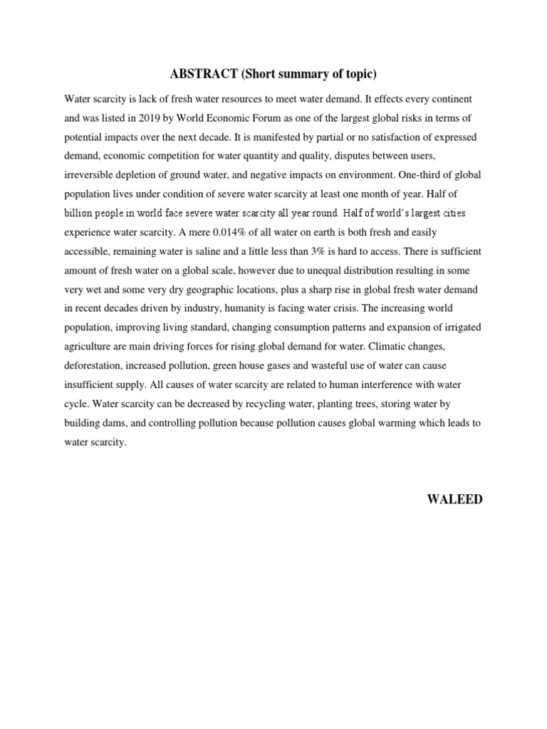 ABSTRACT (Short Summary of Topic) | PDF | Water Scarcity | Drinking Water