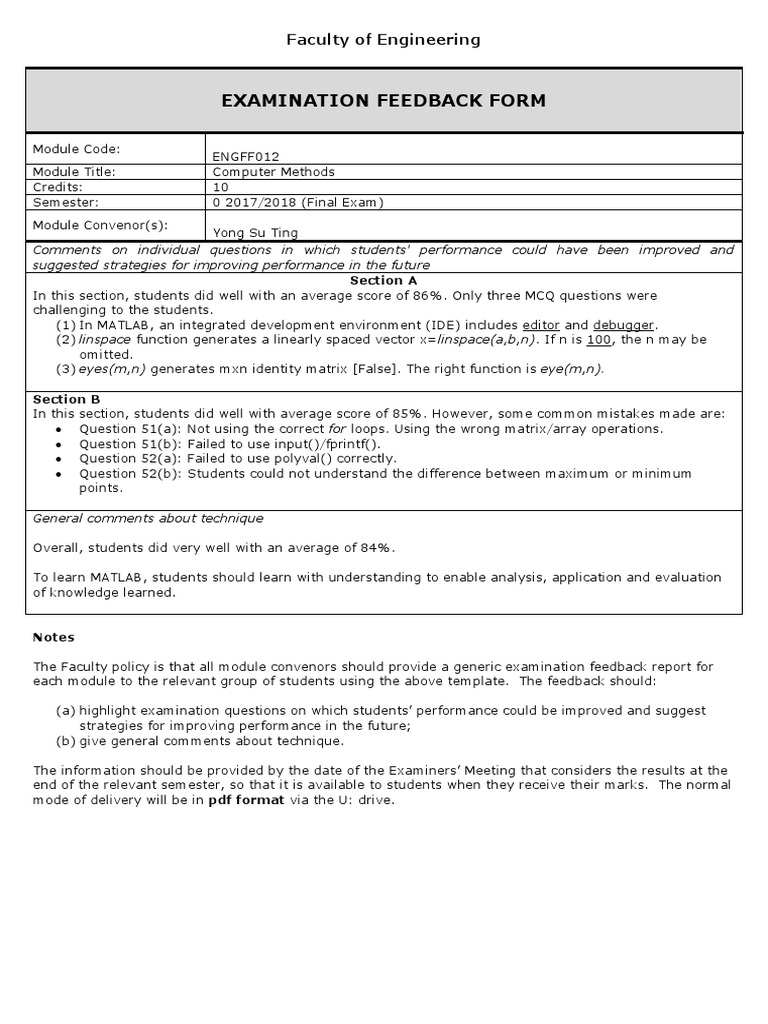Exam Feedback Form 2017-2018 | PDF