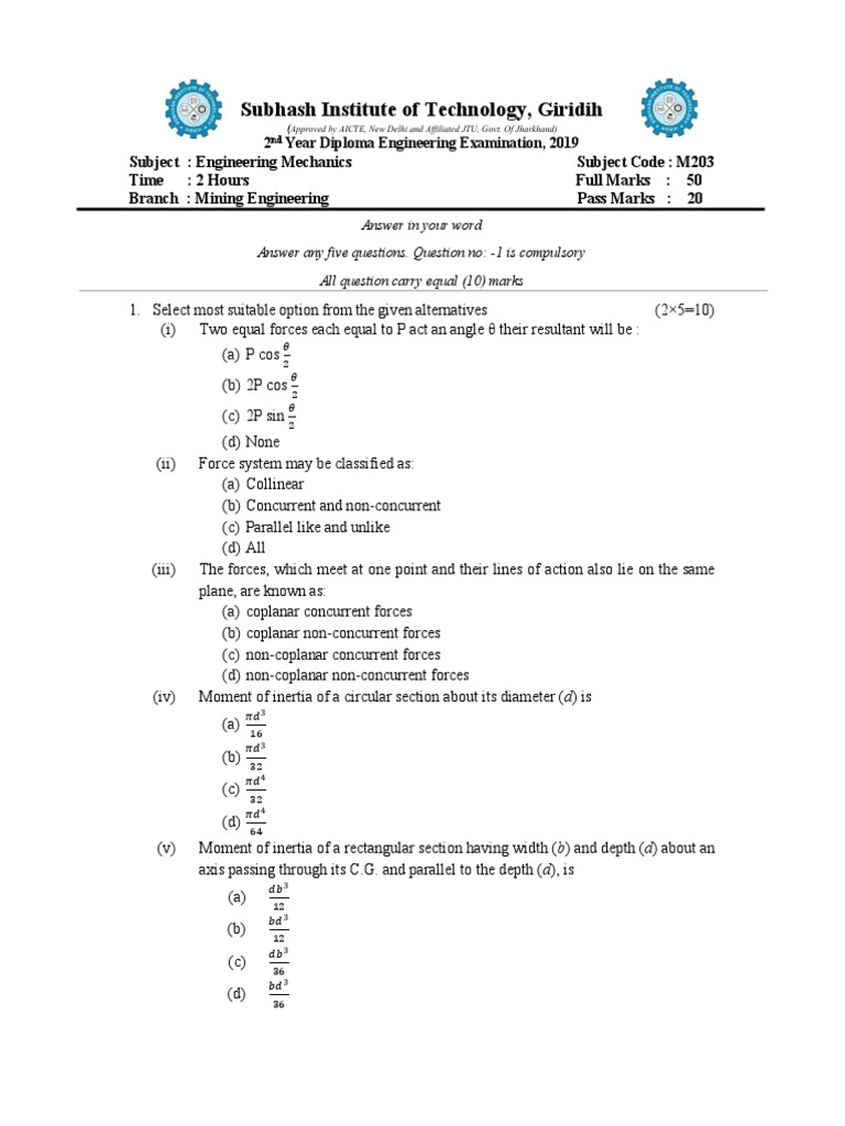 Engineering Mechanics Question Paper | PDF | Force | Mechanics