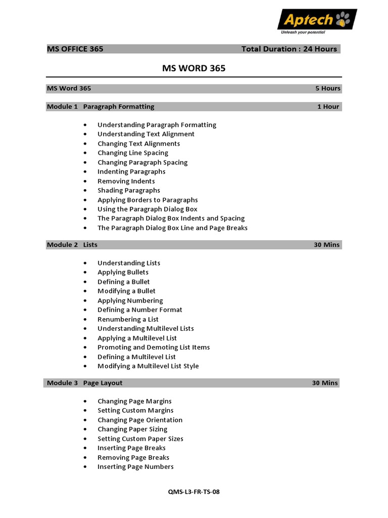 Office 365 - Course Outline - 24 Hrs | PDF | Paragraph | Microsoft Excel