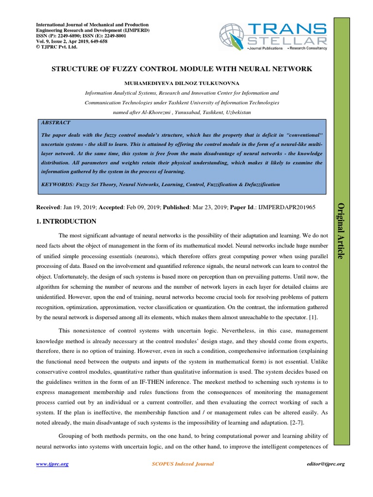 Structure of Fuzzy Control Module With Neural Network: Muhamediyeva Dilnoz Tulkunovna | PDF ...