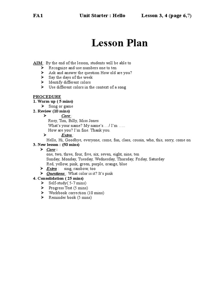 0 FA1 Lesson Plan Starter Lesson 3,4 | PDF