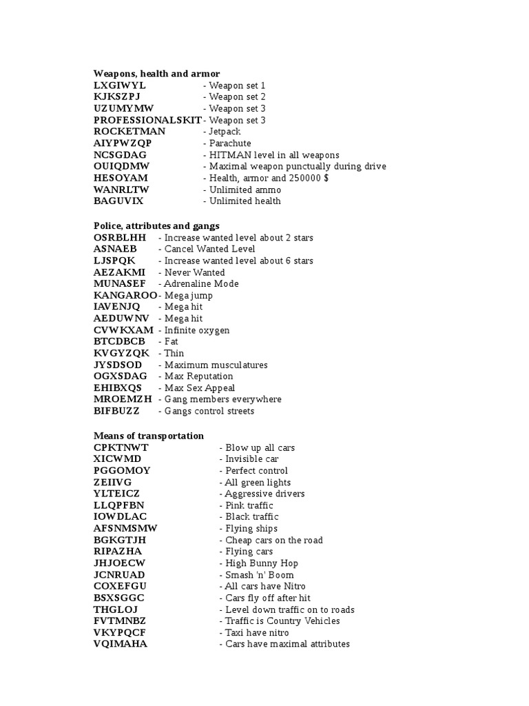 Grand Theft Auto Cheat Code Catalog - Weapons, Vehicles, Abilities, Weather and More | PDF ...