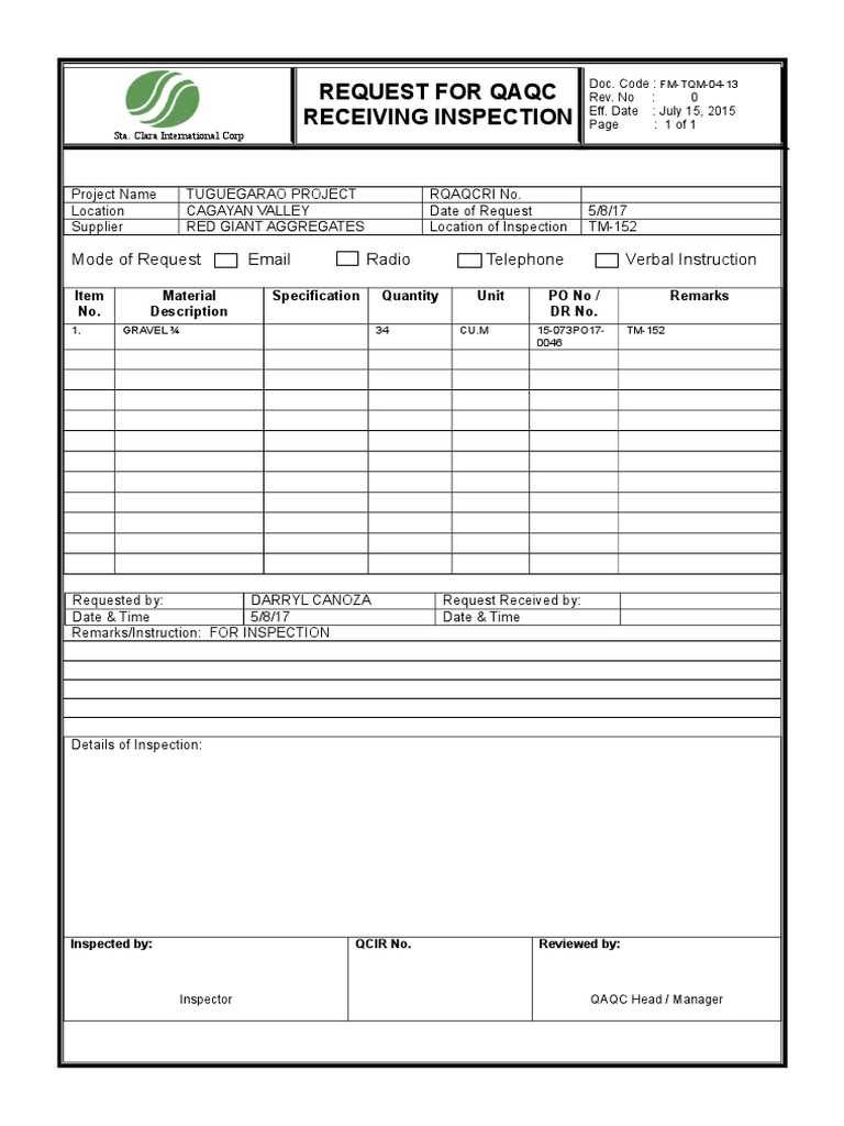 Request For Qaqc Receiving Inspection | PDF