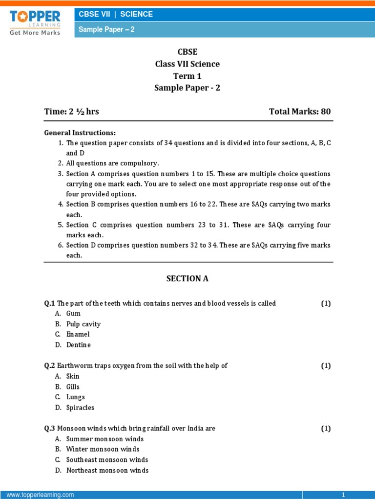Cbse Class VII Science Term 1 Sample Paper - 2 Time: 2 Hrs Total Marks ...