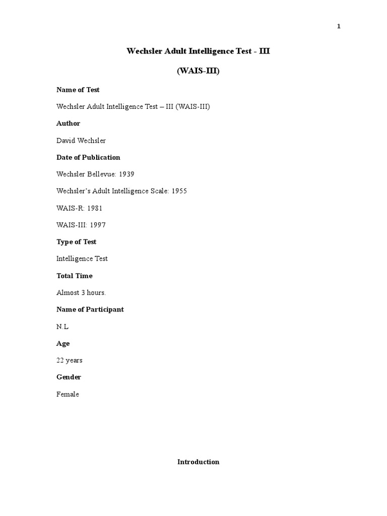Wechsler Adult Intelligence Test - III (Wais-Iii) | PDF | Wechsler ...