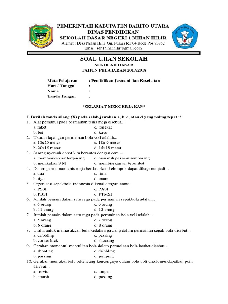 Contoh Soal Ujian Sekolah Dasar | PDF