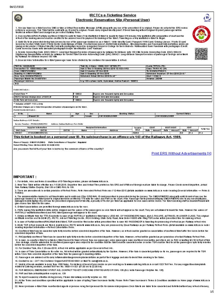 Electronic Reservation Slip for Train Travel from Dimapur to Guwahati ...