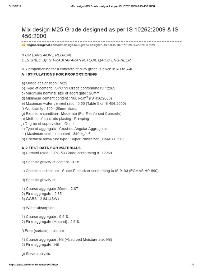 Mix Design M25 Grade Designed As Per Is 10262 - 2009 & Is 456 - 2000 ...