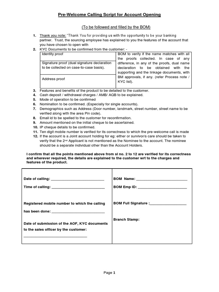 Welcome Calling - Script | Download Free PDF | Cheque | Banking