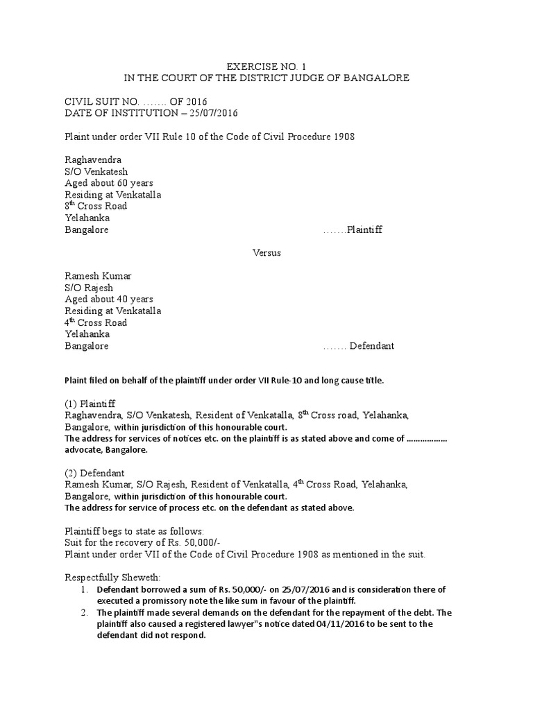Sample Money Recovery Suit Plaint | PDF | Service Of Process | Plaintiff