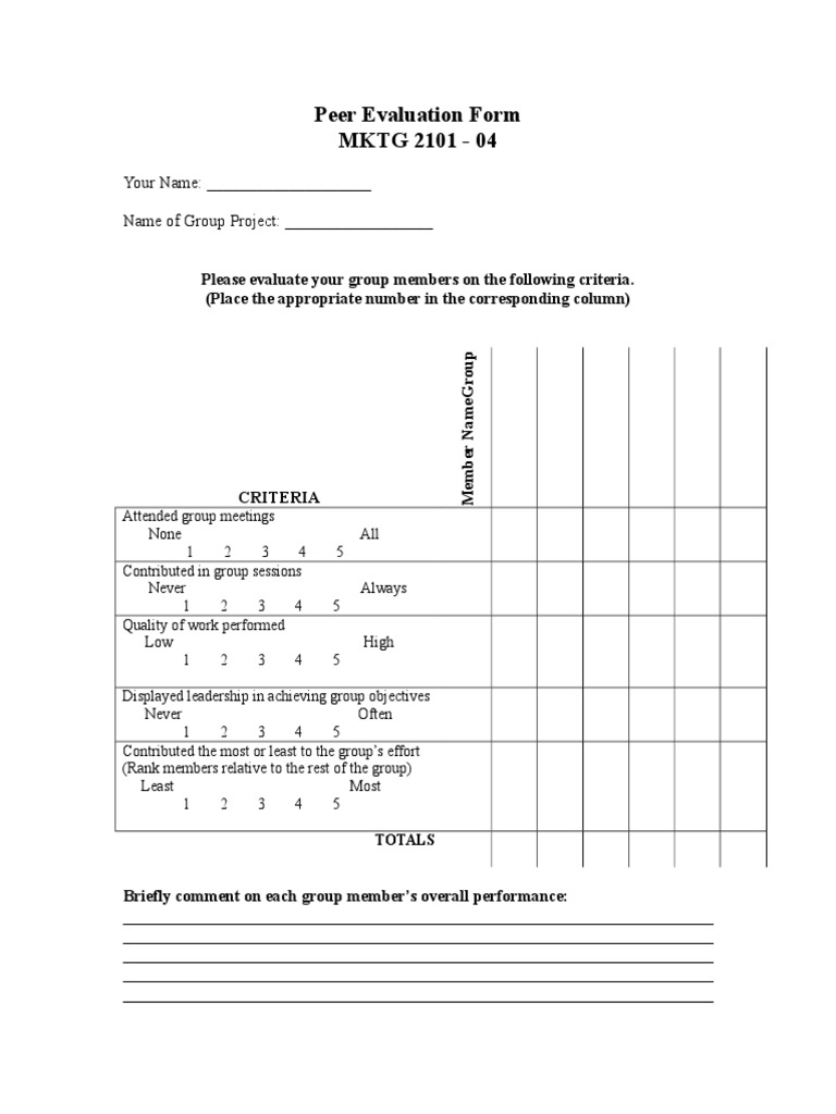 Peer Evaluation Form MKTG 2101 - 04 | PDF