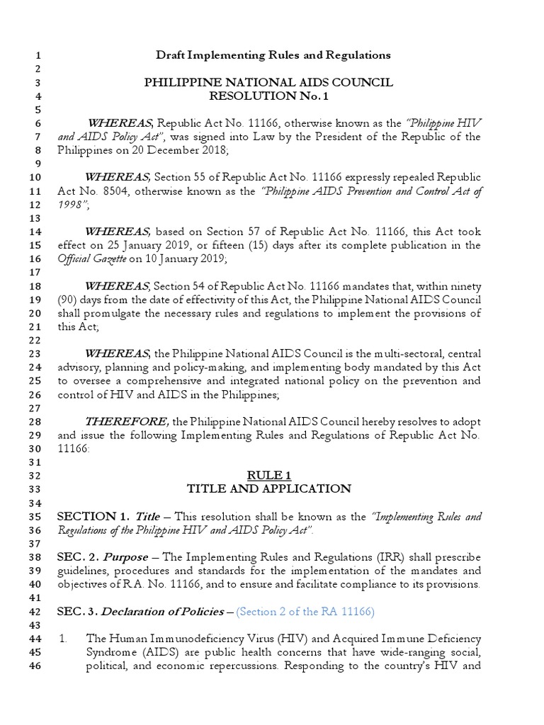 Final Review Version of Draft IRR of RA 11166 | Safe Sex | Hiv/Aids