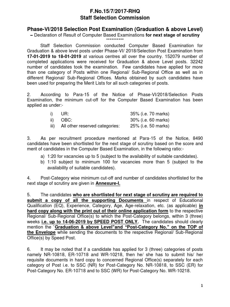 F.No.15/7/2017-RHQ Staff Selection Commission Phase-VI/2018 Selection ...