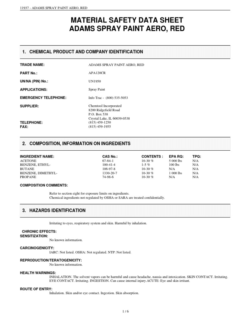 Material Safety Data Sheet Adams Spray Paint Aero, Red: 1. Chemical ...