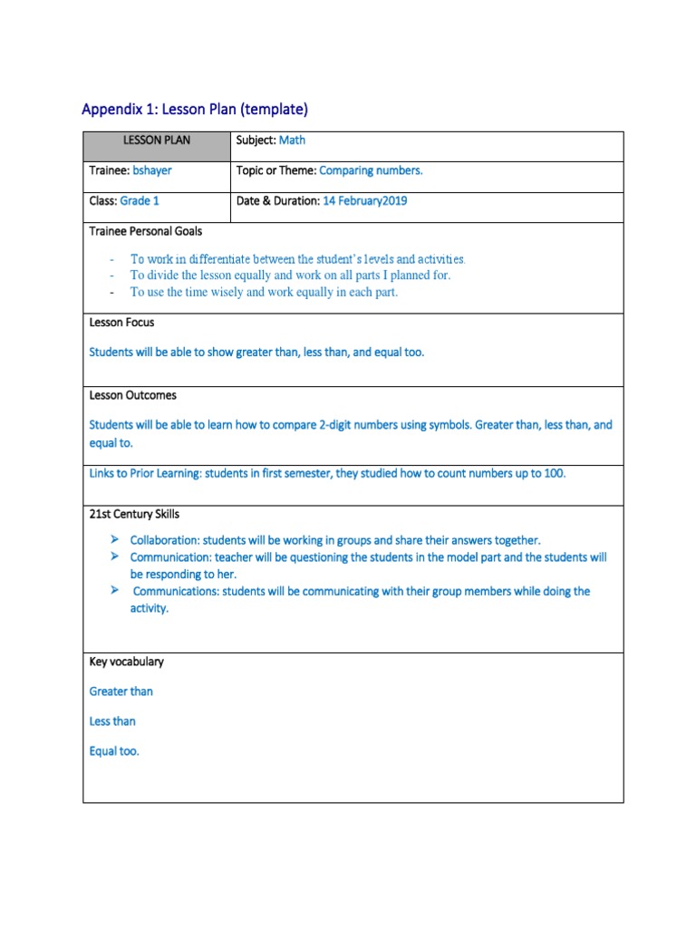 Grade 1 Lesson Plan: Comparing Numbers | PDF | Lesson Plan ...