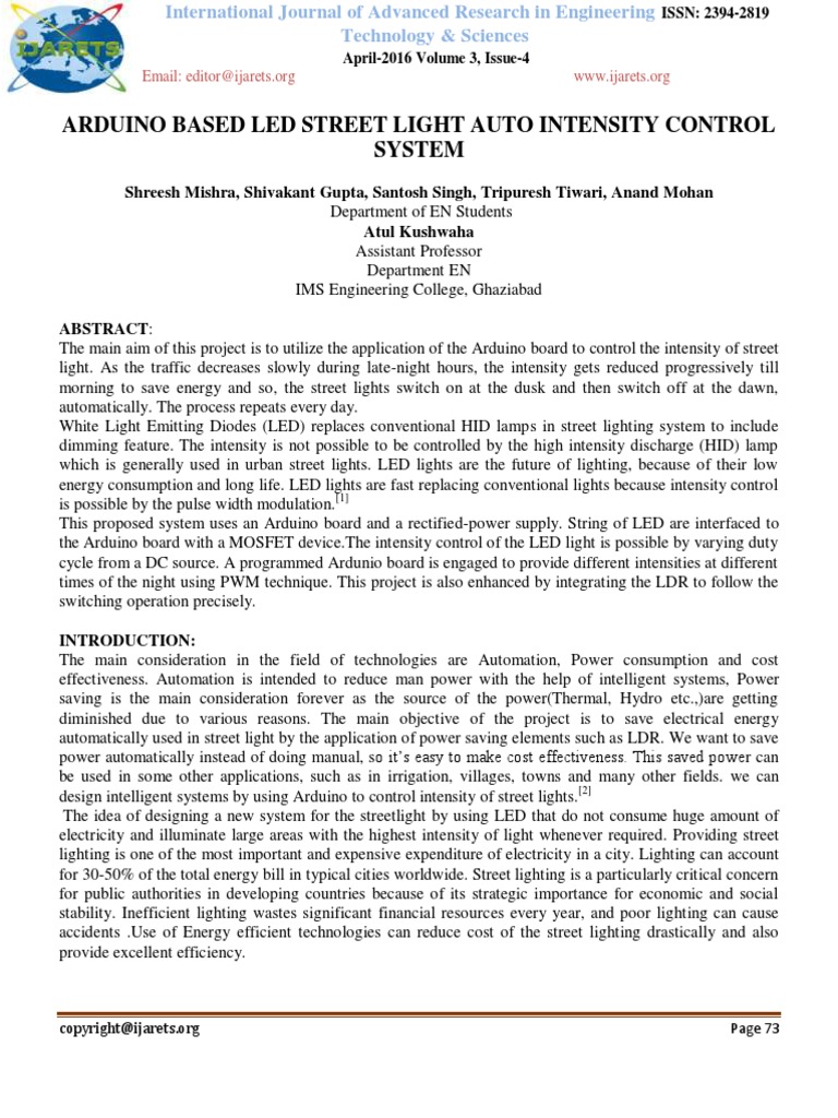 Arduino Based Led Street Light Auto Intensity Control System Pdf Light Emitting Diode Lighting
