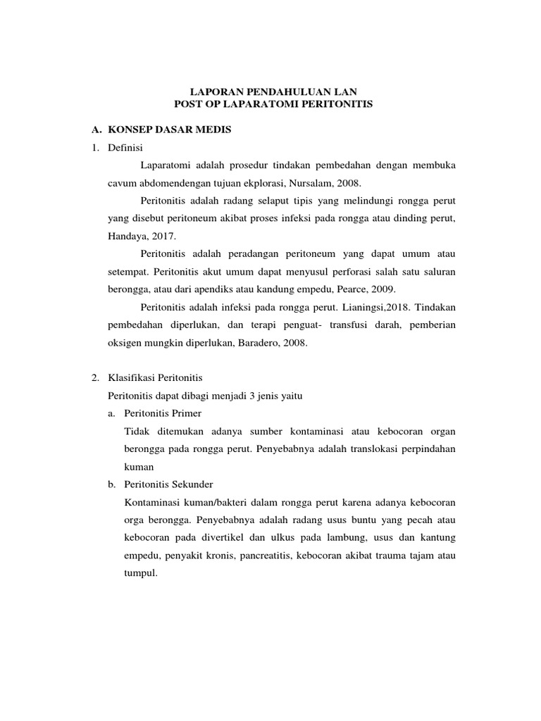 Laporan Pendahuluan Lan Post Op Laparatomi Peritonitis | PDF