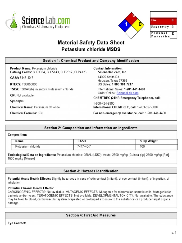 MSDS KCL | PDF | Toxicity | Water