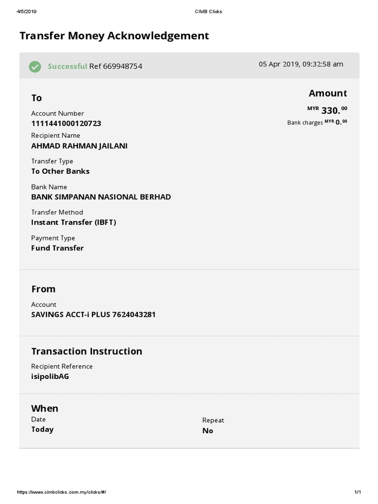 CIMB Transfer Acknowledgement Receipt | PDF