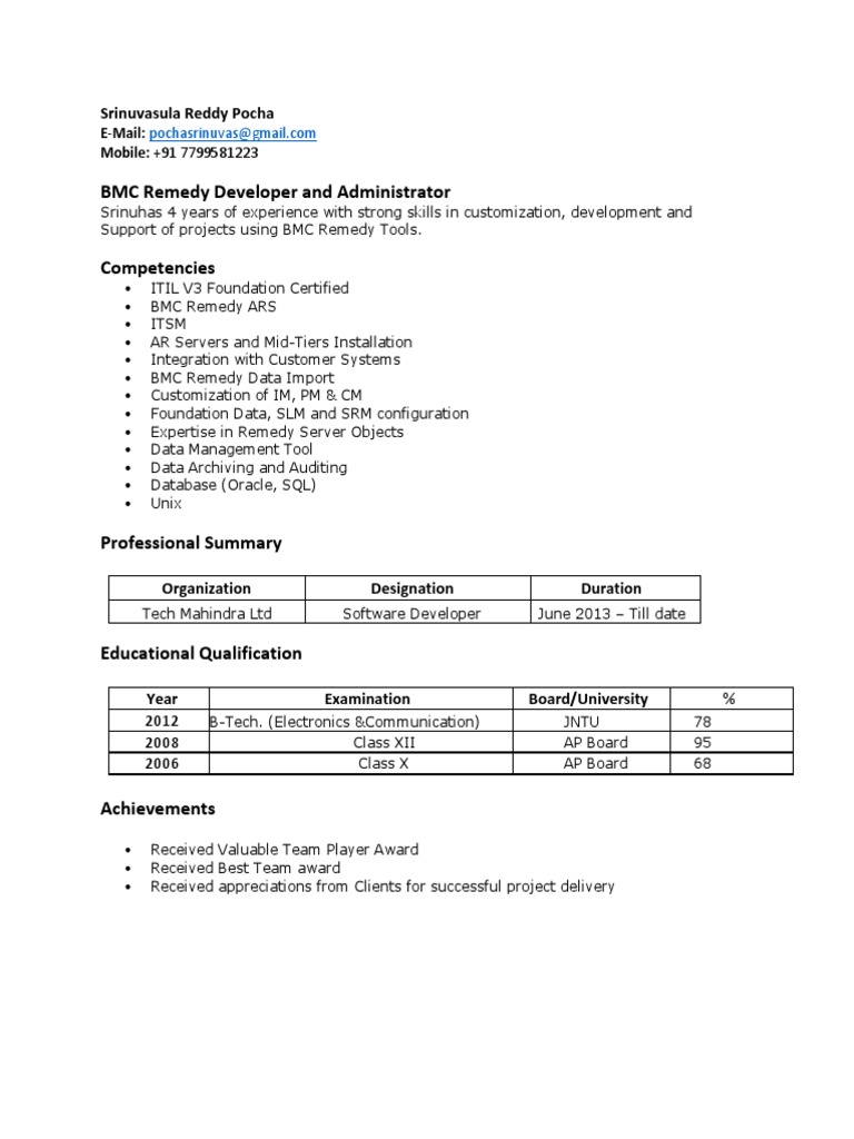 Srinu BMC Remedy Resume | PDF | It Service Management | Information Management
