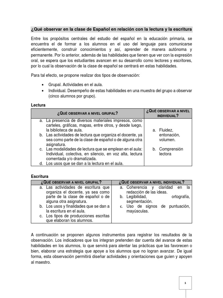 Observar Clase de Español | PDF | Salón de clases | Escritura