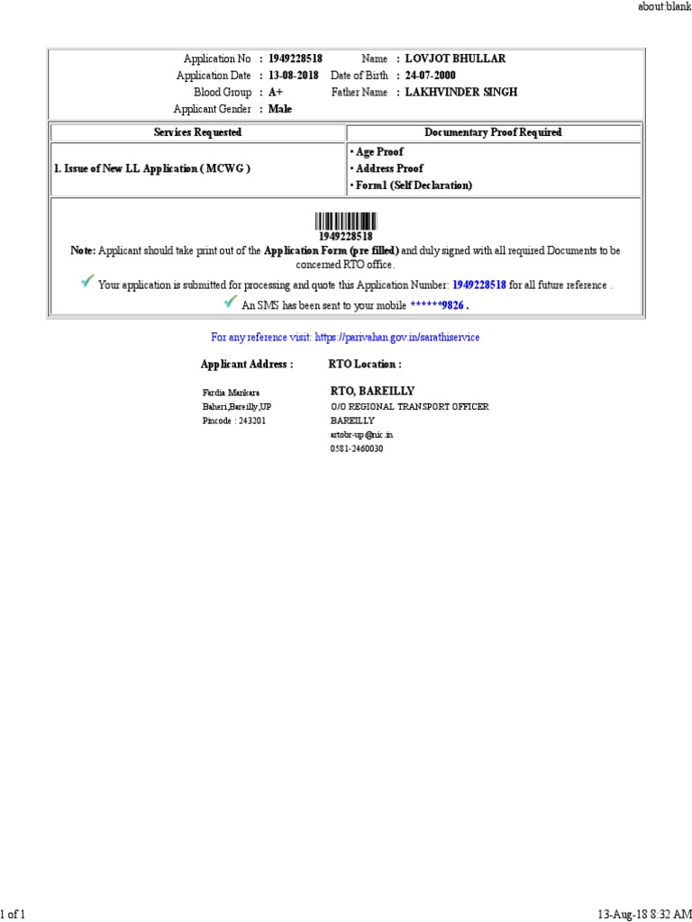 9826 For Any Reference Visit: Https://parivahan - Gov.in/sarathiservice | PDF