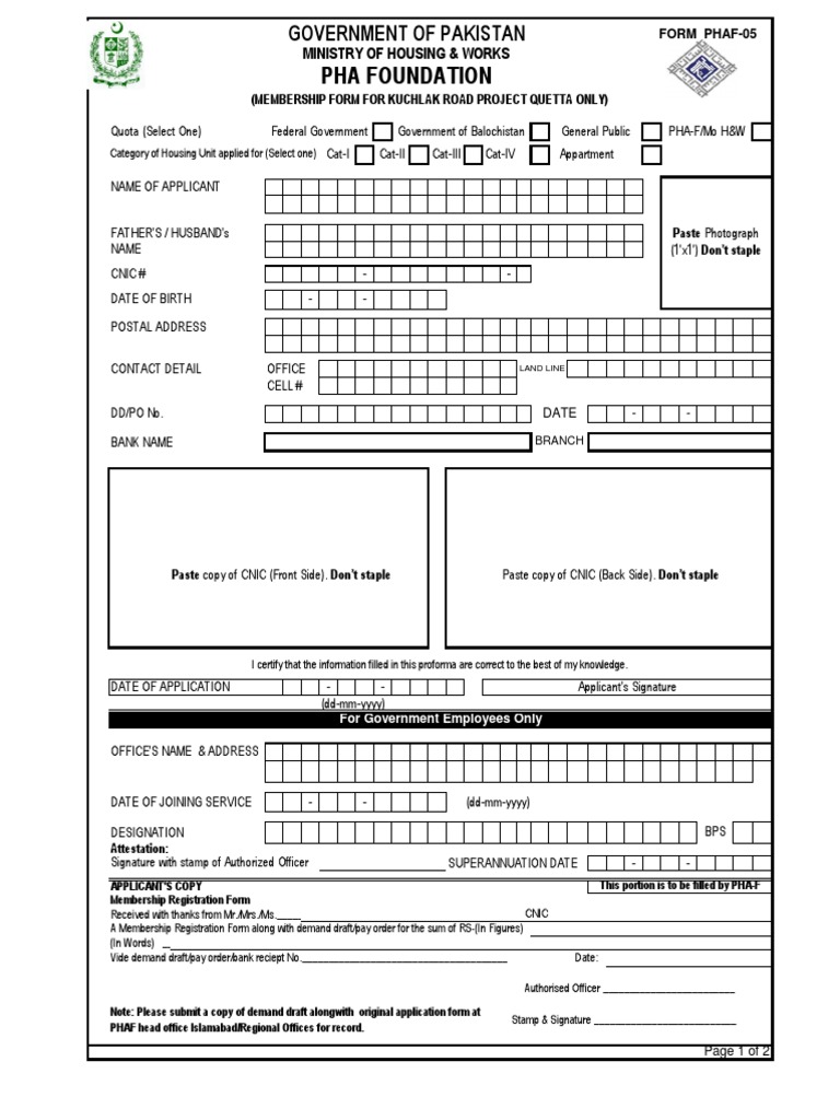 Registration Form - PHA Kuchlak Road Project Quetta | PDF | Pakistan ...
