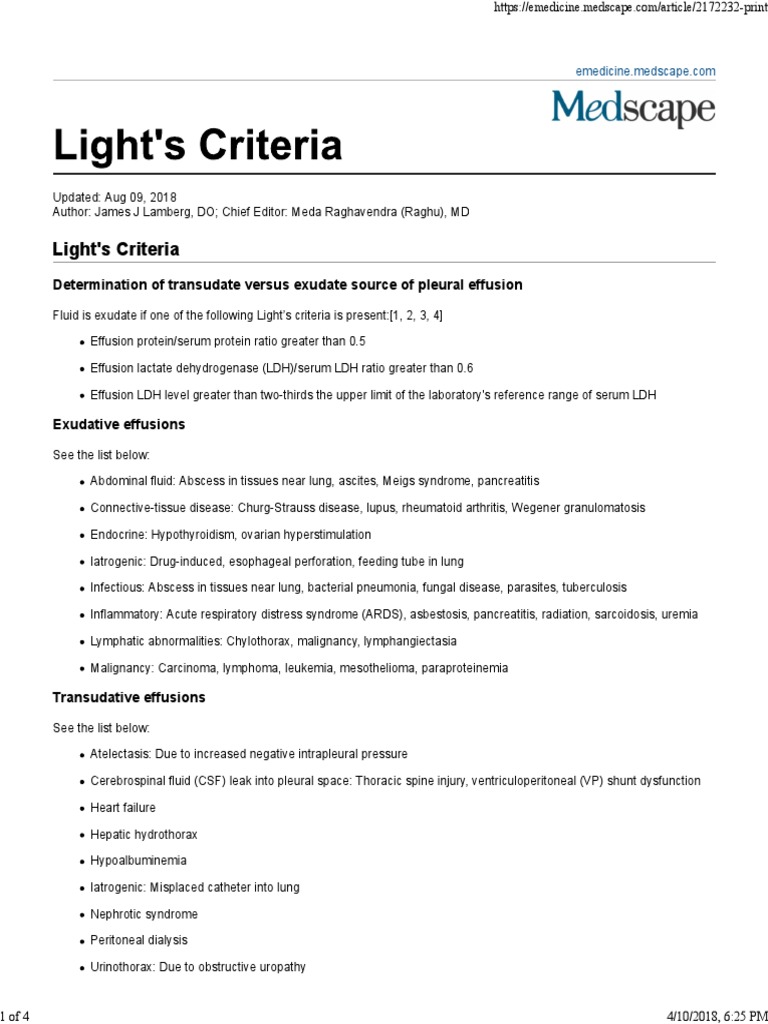 Light's Criteria for Pleural Effusion Classification | PDF | Lactate ...