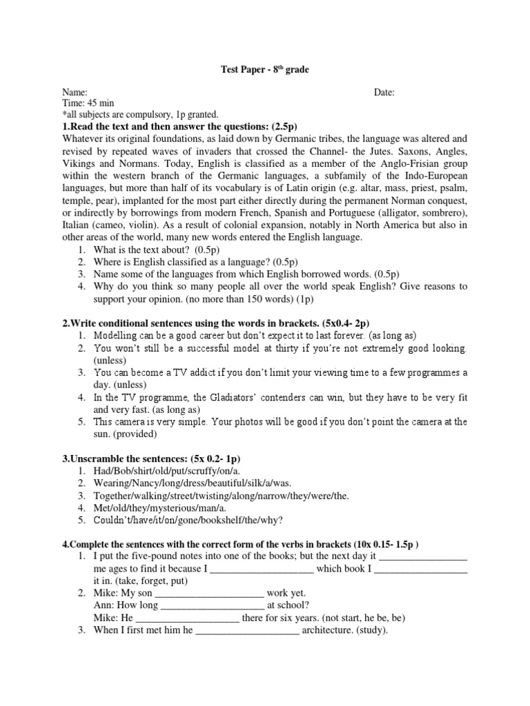 Test Paper 8th Grade | English Language | Linguistic Typology