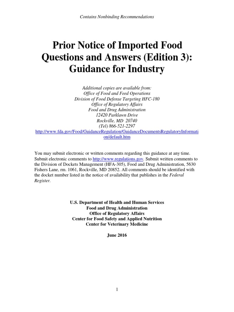 Prior Notice of Imported Foods Edition 3 Final Guidance PDF | PDF ...