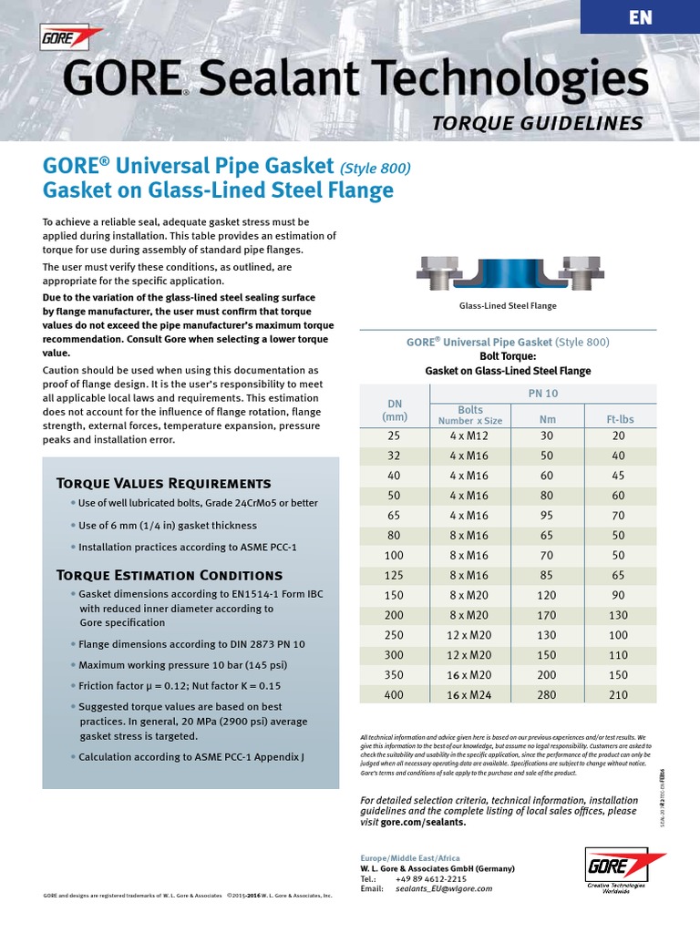 GORE Torque Tables | PDF | Pipe (Fluid Conveyance) | Mechanical Engineering