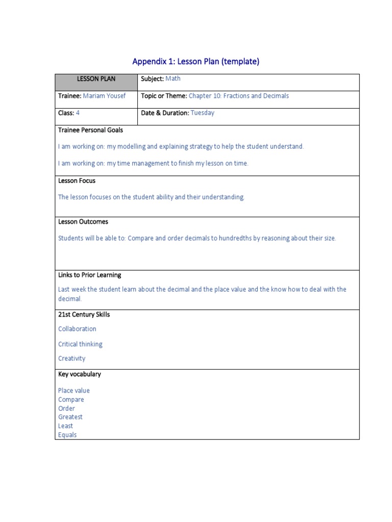 Appendix 1: Lesson Plan (Template) | PDF | Lesson Plan | Teachers
