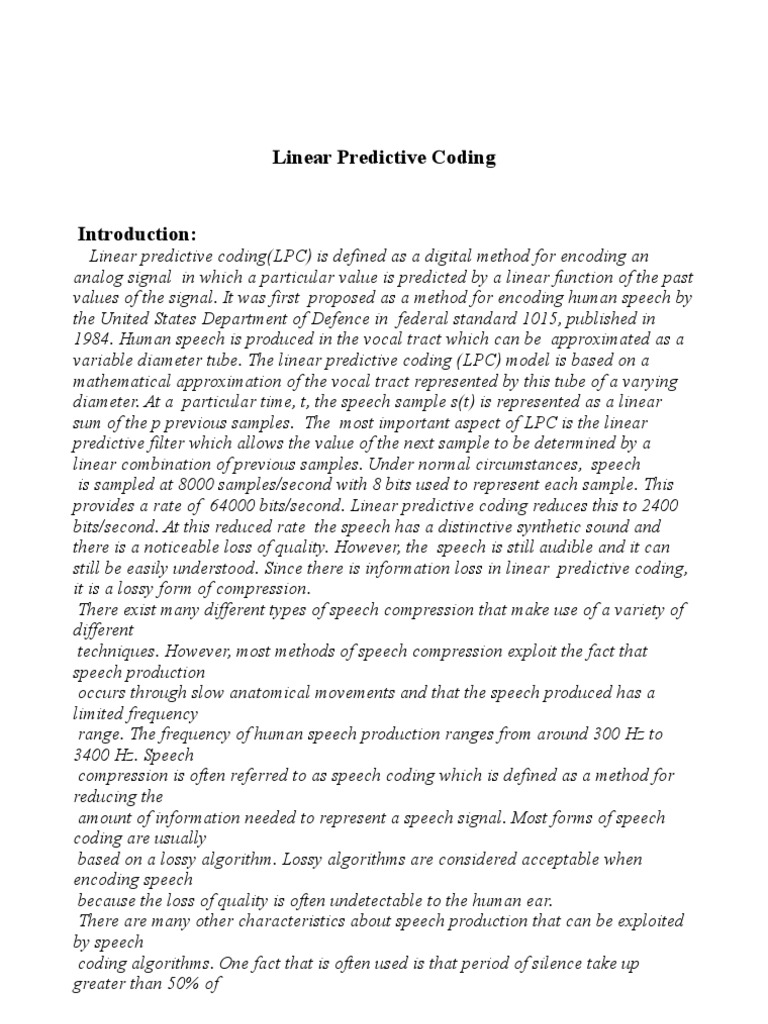 Linear Predictive Coding Download Free Pdf Data Compression Sampling Signal Processing